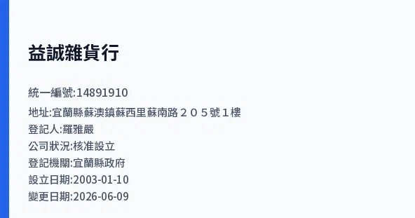 益誠雜貨行的照片-統編 14891910(宜蘭縣) 公司登記資料與營業項目詳細圖表