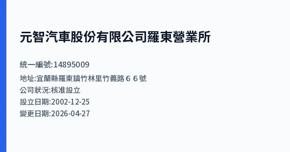 元智汽車股份有限公司羅東營業所的照片-統編 14895009(宜蘭縣) 公司登記資料與營業項目詳細圖表