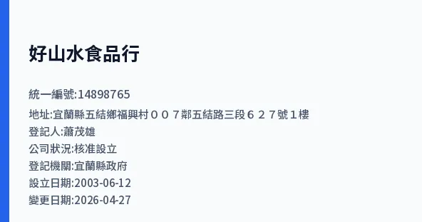 好山水食品行的照片-統編 14898765(宜蘭縣) 公司登記資料與營業項目詳細圖表