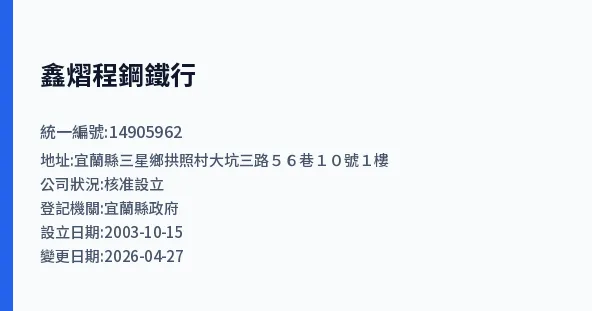 鑫熠程鋼鐵行的照片-統編 14905962(宜蘭縣) 公司登記資料與營業項目詳細圖表