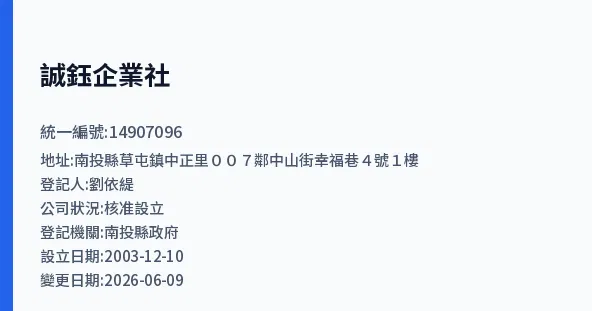 誠鈺企業社的照片-統編 14907096(南投縣) 公司登記資料與營業項目詳細圖表