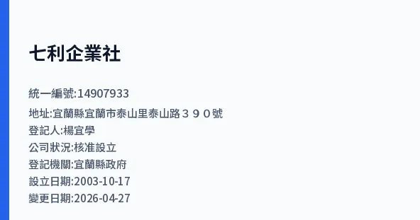 七利企業社的照片-統編 14907933(宜蘭縣) 公司登記資料與營業項目詳細圖表