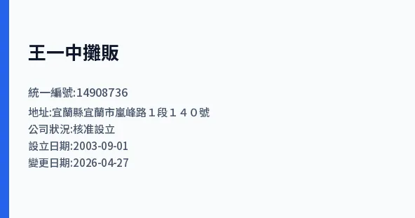 王一中攤販的照片-統編 14908736(宜蘭縣) 公司登記資料與營業項目詳細圖表