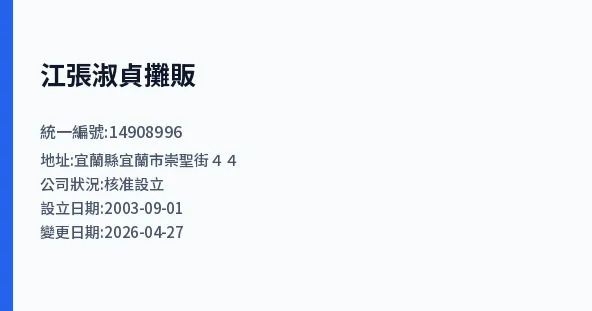 江張淑貞攤販的照片-統編 14908996(宜蘭縣) 公司登記資料與營業項目詳細圖表