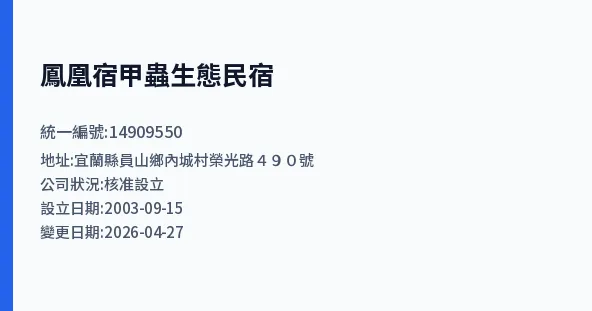 鳳凰宿甲蟲生態民宿的照片-統編 14909550(宜蘭縣) 公司登記資料與營業項目詳細圖表