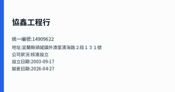 協鑫工程行的照片-統編 14909622(宜蘭縣) 公司登記資料與營業項目詳細圖表