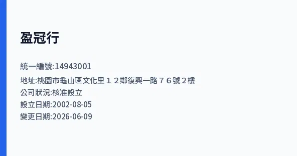 盈冠行的照片-統編 14943001(桃園市) 公司登記資料與營業項目詳細圖表