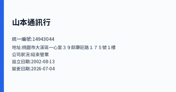 山本通訊行的照片-統編 14943044(桃園市) 公司登記資料與營業項目詳細圖表