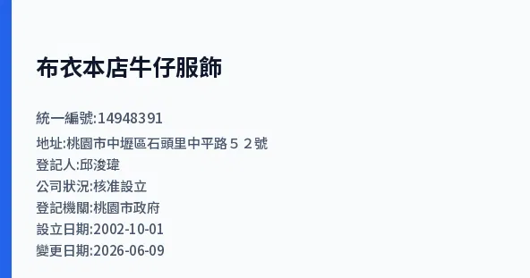 布衣本店牛仔服飾的照片-統編 14948391(桃園市) 公司登記資料與營業項目詳細圖表