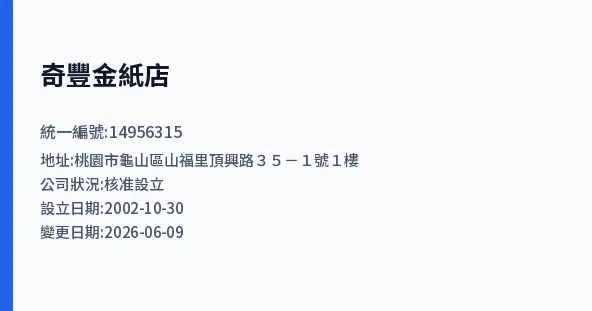 奇豐金紙店的照片-統編 14956315(桃園市) 公司登記資料與營業項目詳細圖表