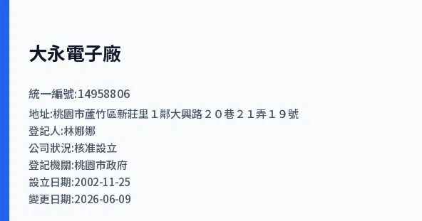 大永電子廠的照片-統編 14958806(桃園市) 公司登記資料與營業項目詳細圖表