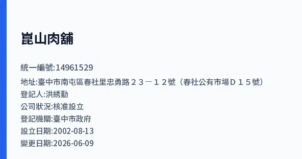 崑山肉舖的照片-統編 14961529(臺中市) 公司登記資料與營業項目詳細圖表