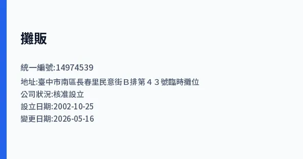 攤販的照片-統編 14974539(臺中市) 公司登記資料與營業項目詳細圖表