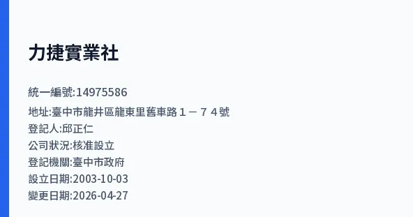力捷實業社的照片-統編 14975586(臺中市) 公司登記資料與營業項目詳細圖表