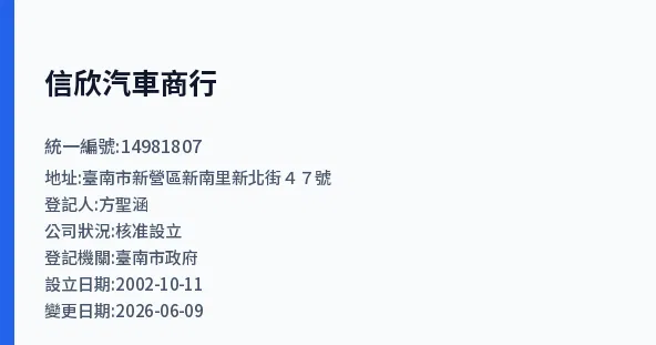 信欣汽車商行的照片-統編 14981807(臺南市) 公司登記資料與營業項目詳細圖表