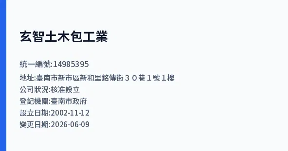 玄智土木包工業的照片-統編 14985395(臺南市) 公司登記資料與營業項目詳細圖表