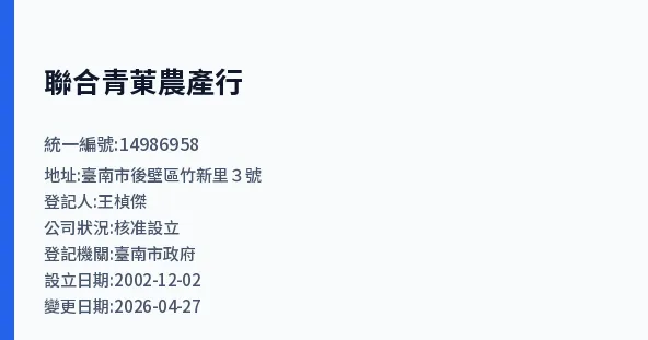 聯合青菄農產行的照片-統編 14986958(臺南市) 公司登記資料與營業項目詳細圖表