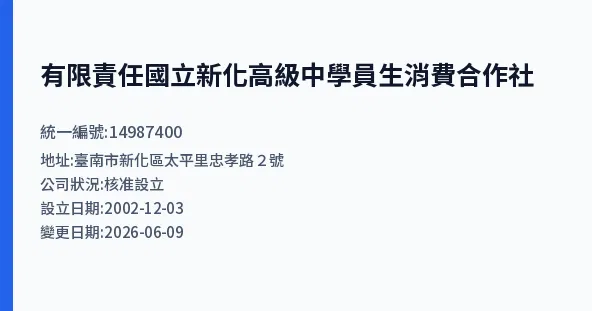 有限責任國立新化高級中學員生消費合作社的照片-統編 14987400(臺南市) 公司登記資料與營業項目詳細圖表