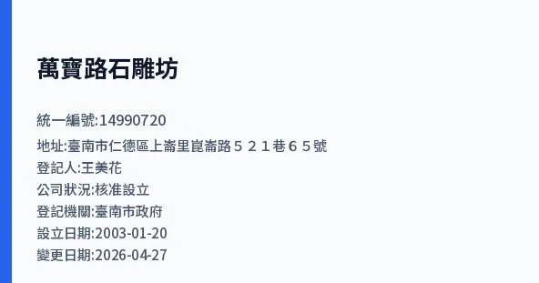 萬寶路石雕坊的照片-統編 14990720(臺南市) 公司登記資料與營業項目詳細圖表