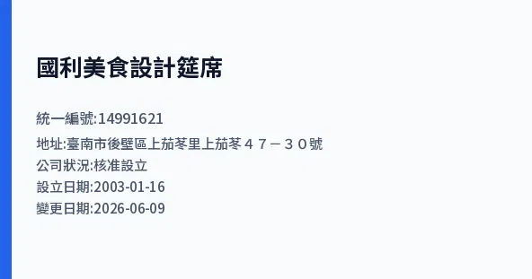 國利美食設計筵席的照片-統編 14991621(臺南市) 公司登記資料與營業項目詳細圖表