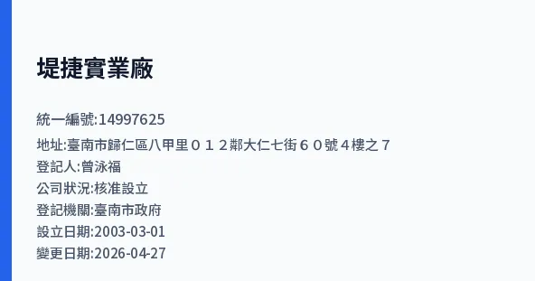 堤捷實業廠的照片-統編 14997625(臺南市) 公司登記資料與營業項目詳細圖表