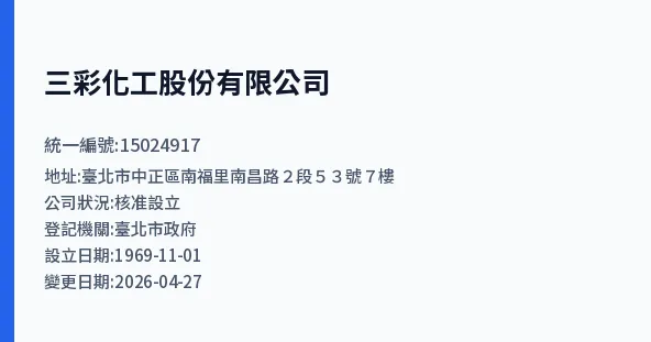 三彩化工股份有限公司的照片-統編 15024917(臺北市) 公司登記資料與營業項目詳細圖表