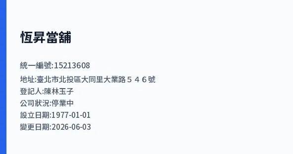 恆昇當舖的照片-統編 15213608(臺北市) 公司登記資料與營業項目詳細圖表
