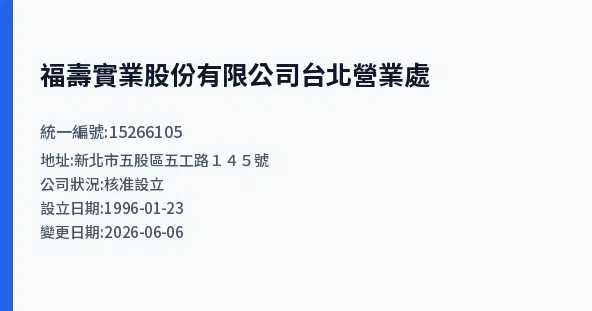福壽實業股份有限公司台北營業處的照片-統編 15266105(新北市) 公司登記資料與營業項目詳細圖表