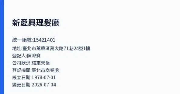 新愛興理髮廳的照片-統編 15421401(臺北市) 公司登記資料與營業項目詳細圖表