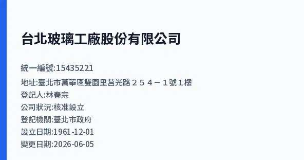 台北玻璃工廠股份有限公司的照片-統編 15435221(臺北市) 公司登記資料與營業項目詳細圖表
