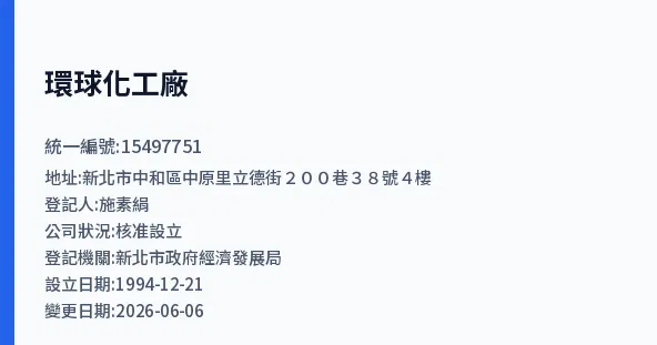 環球化工廠的照片-統編 15497751(新北市) 公司登記資料與營業項目詳細圖表
