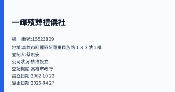 一輝殯葬禮儀社的照片-統編 15523809(高雄市) 公司登記資料與營業項目詳細圖表