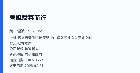 曾姐醬菜商行的照片-統編 15523955(高雄市) 公司登記資料與營業項目詳細圖表
