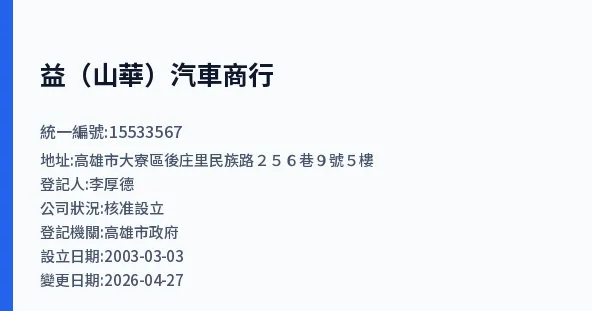 益(山華)汽車商行的照片-統編 15533567(高雄市) 公司登記資料與營業項目詳細圖表