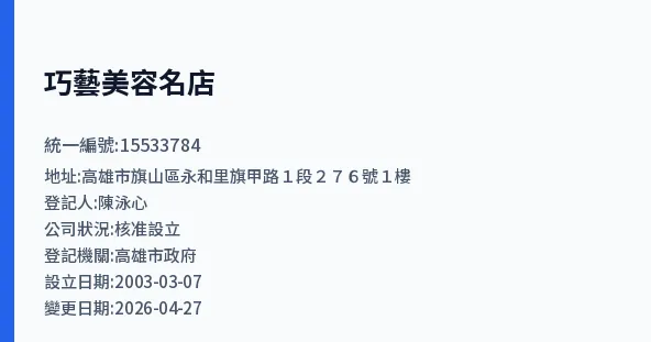 巧藝美容名店的照片-統編 15533784(高雄市) 公司登記資料與營業項目詳細圖表