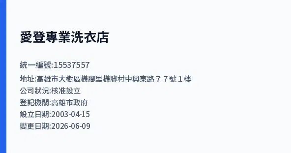 愛登專業洗衣店的照片-統編 15537557(高雄市) 公司登記資料與營業項目詳細圖表