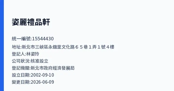 姿麗禮品軒的照片-統編 15544430(新北市) 公司登記資料與營業項目詳細圖表