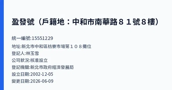 盈發號(戶籍地:中和市南華路81號8樓)的照片-統編 15551229(新北市) 公司登記資料與營業項目詳細圖表