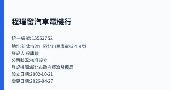 程瑞發汽車電機行的照片-統編 15553752(新北市) 公司登記資料與營業項目詳細圖表