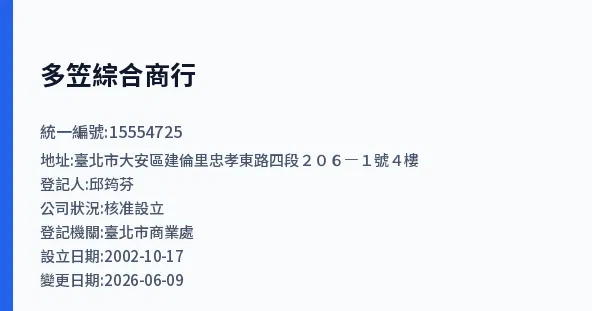 多笠綜合商行的照片-統編 15554725(臺北市) 公司登記資料與營業項目詳細圖表