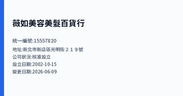 薇如美容美髮百貨行的照片-統編 15557820(新北市) 公司登記資料與營業項目詳細圖表