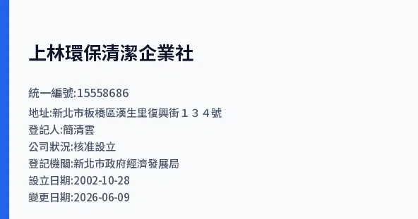 上林環保清潔企業社的照片-統編 15558686(新北市) 公司登記資料與營業項目詳細圖表