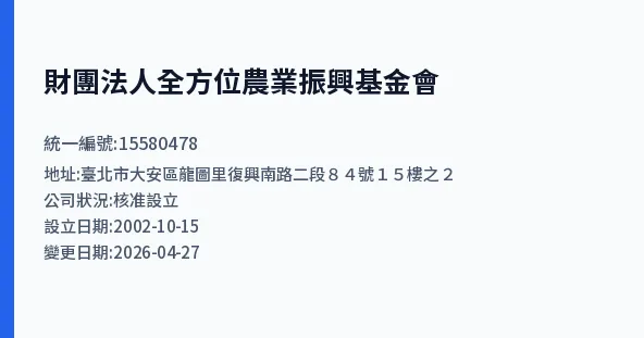 財團法人全方位農業振興基金會的照片-統編 15580478(臺北市) 公司登記資料與營業項目詳細圖表