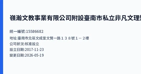 嶺瀚文教事業有限公司附設臺南市私立非凡文理短期補習班的照片-統編 15586682(臺南市) 公司登記資料與營業項目詳細圖表
