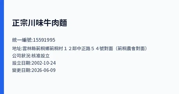 正宗川味牛肉麵的照片-統編 15591995(雲林縣) 公司登記資料與營業項目詳細圖表