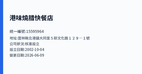 港味燒腊快餐店的照片-統編 15595964(雲林縣) 公司登記資料與營業項目詳細圖表