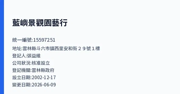 藍嶼景觀園藝行的照片-統編 15597251(雲林縣) 公司登記資料與營業項目詳細圖表