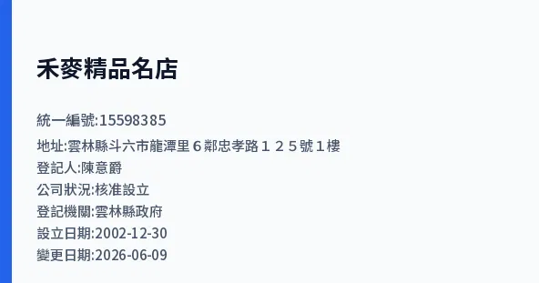 禾麥精品名店的照片-統編 15598385(雲林縣) 公司登記資料與營業項目詳細圖表