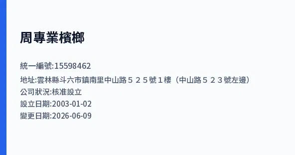 周專業檳榔的照片-統編 15598462(雲林縣) 公司登記資料與營業項目詳細圖表