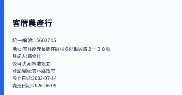 客厝農產行的照片-統編 15602705(雲林縣) 公司登記資料與營業項目詳細圖表